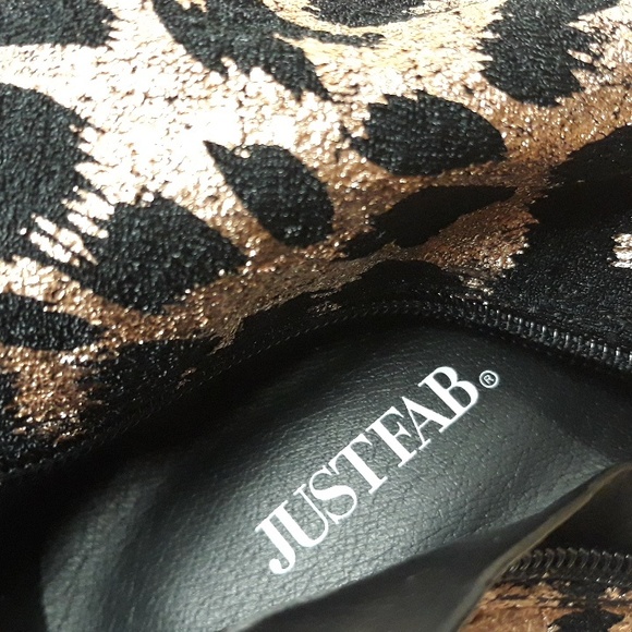 JustFab | Shoes | Shylan Leopard Print Stiletto Bootie Metallic Gold ...